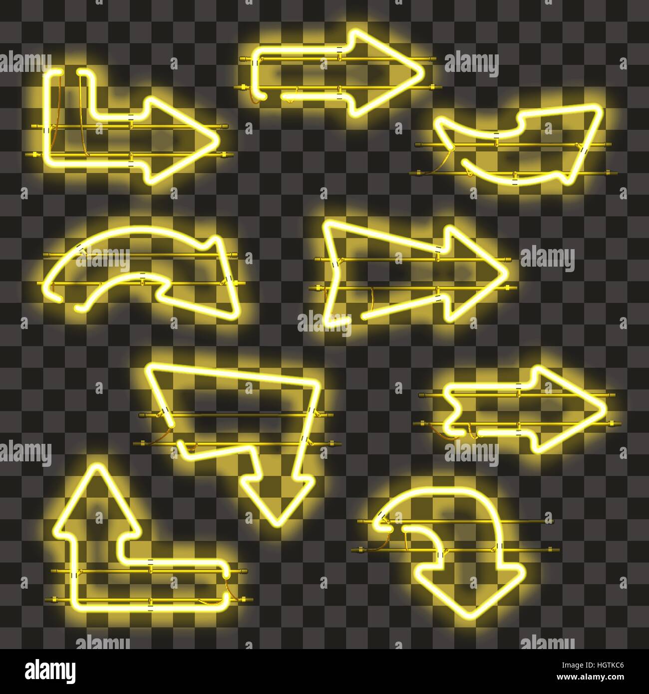 Set of glowing yellow neon arrows isolated on transparent background ...