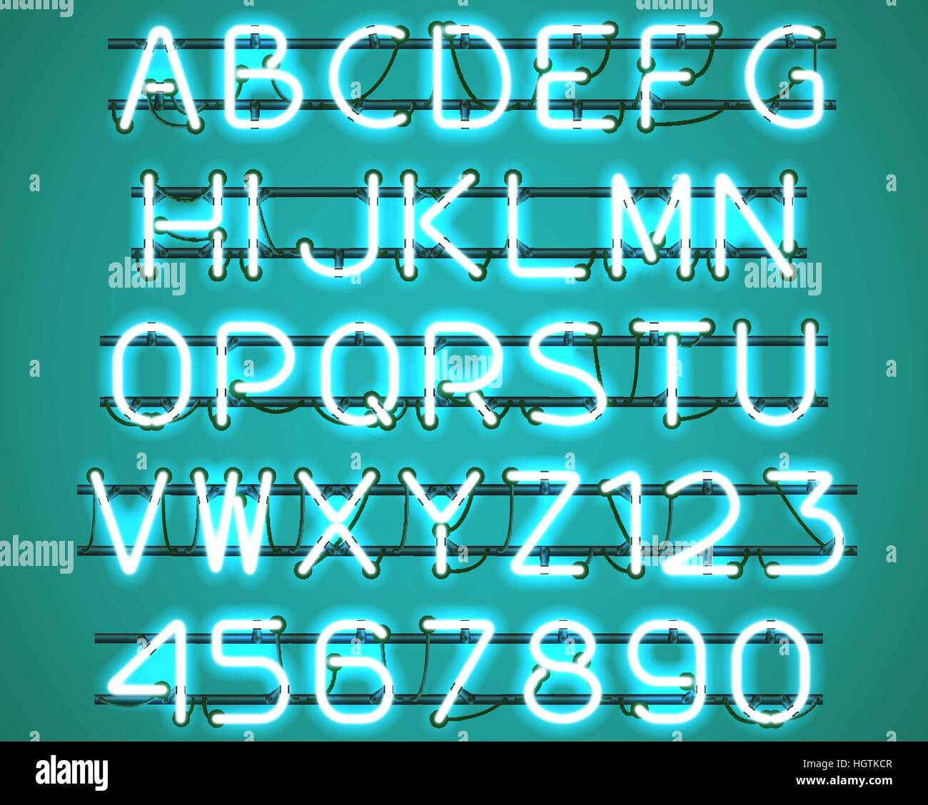 Glowing blue Neon Alphabet with letters from A to Z and digits from 0 ...