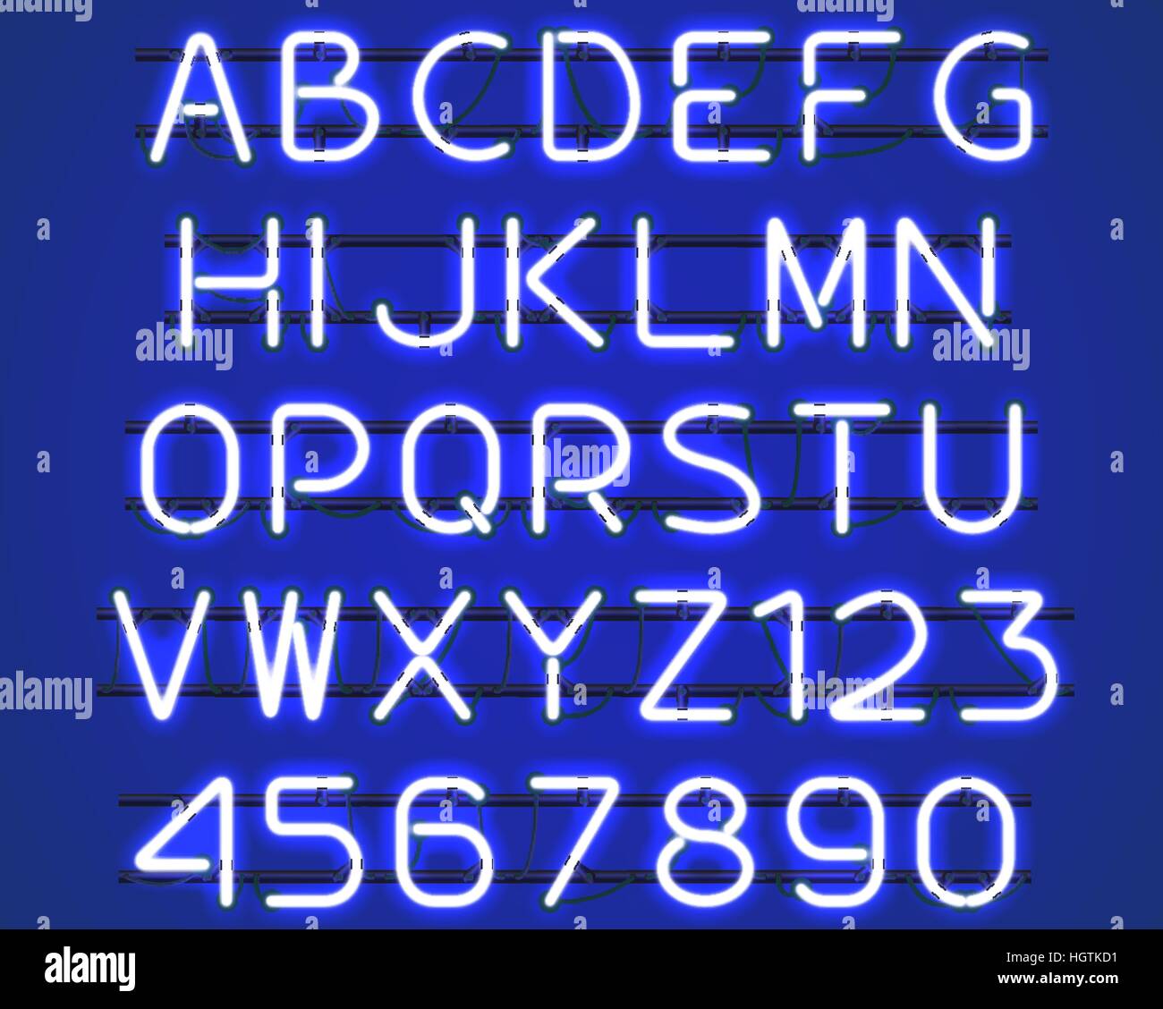 Glowing blue Neon Alphabet with letters from A to Z and digits from 0 ...