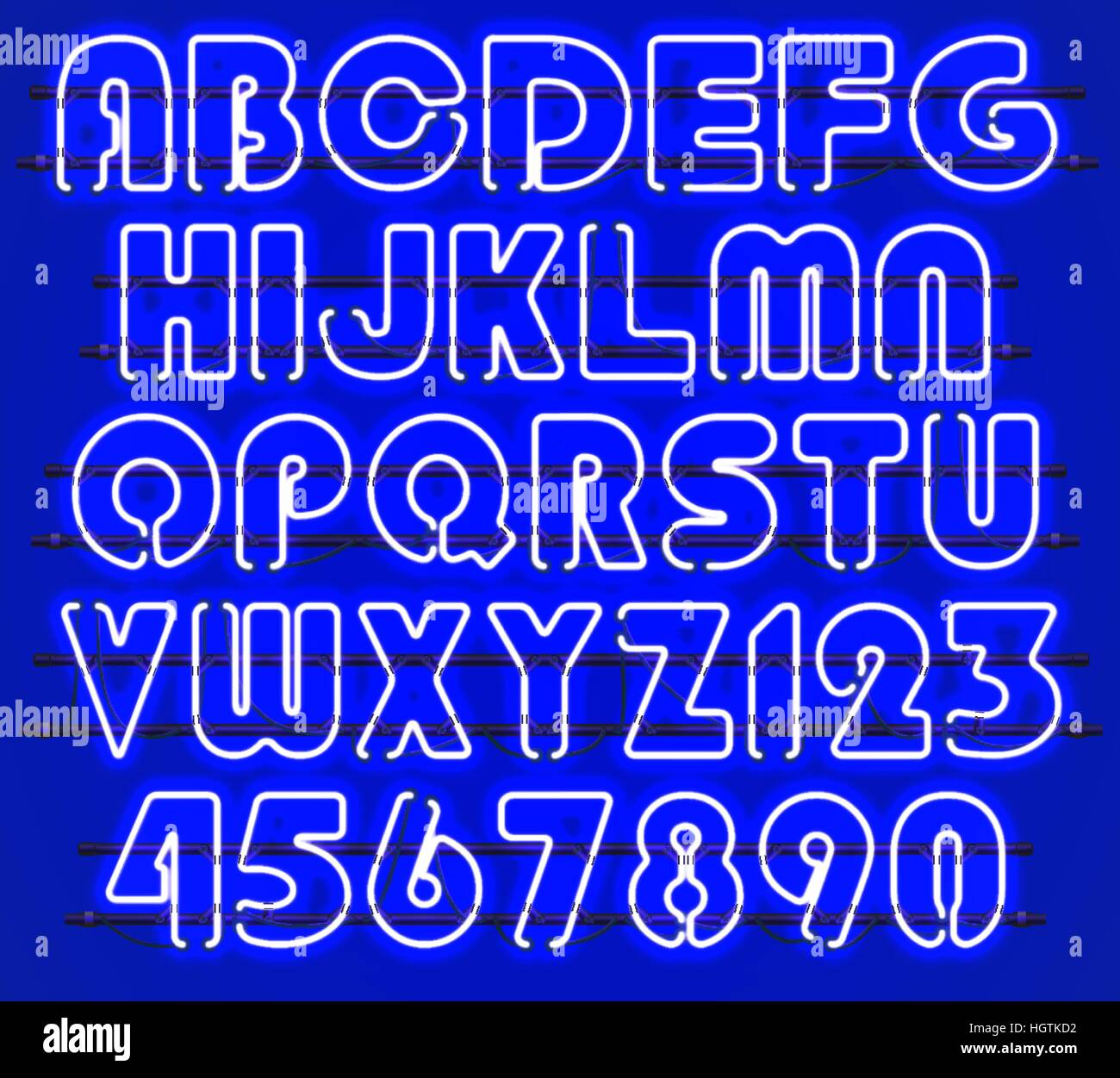 Glowing blue Neon Alphabet with letters from A to Z and digits from 0 ...