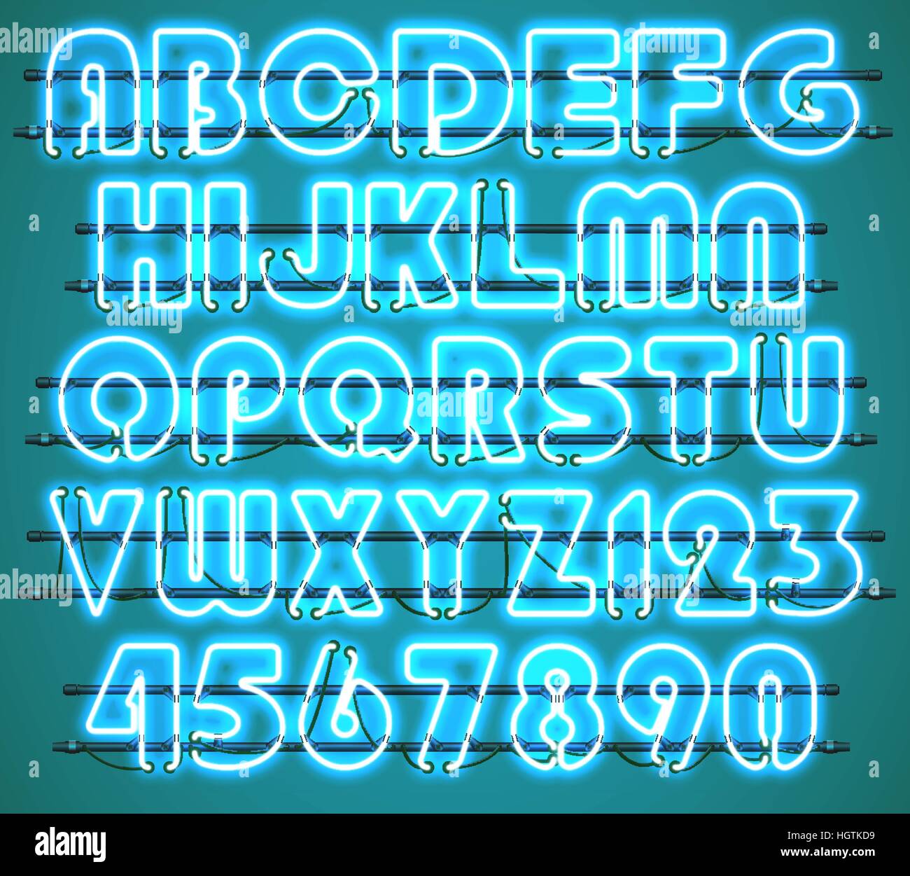Glowing blue Neon Alphabet with letters from A to Z and digits from 0 ...