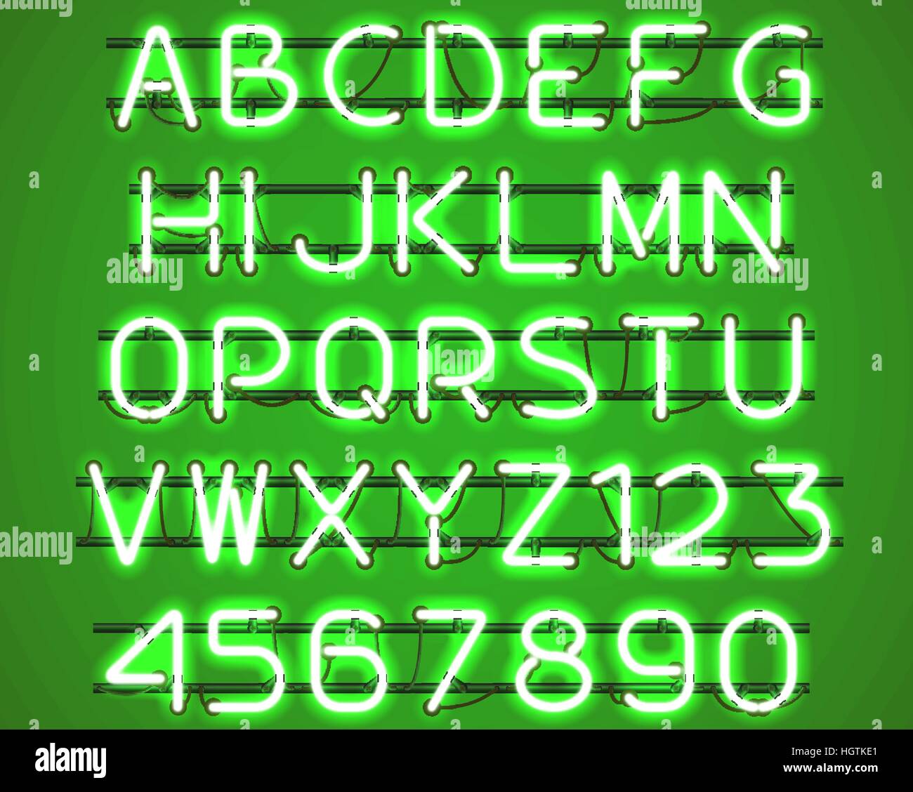 Glowing Green Neon Alphabet with letters from A to Z and digits from 0 ...