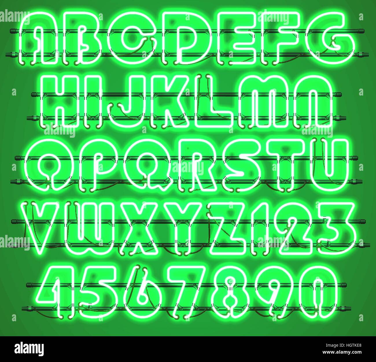 Glowing Green Neon Alphabet with letters from A to Z and digits from 0 ...