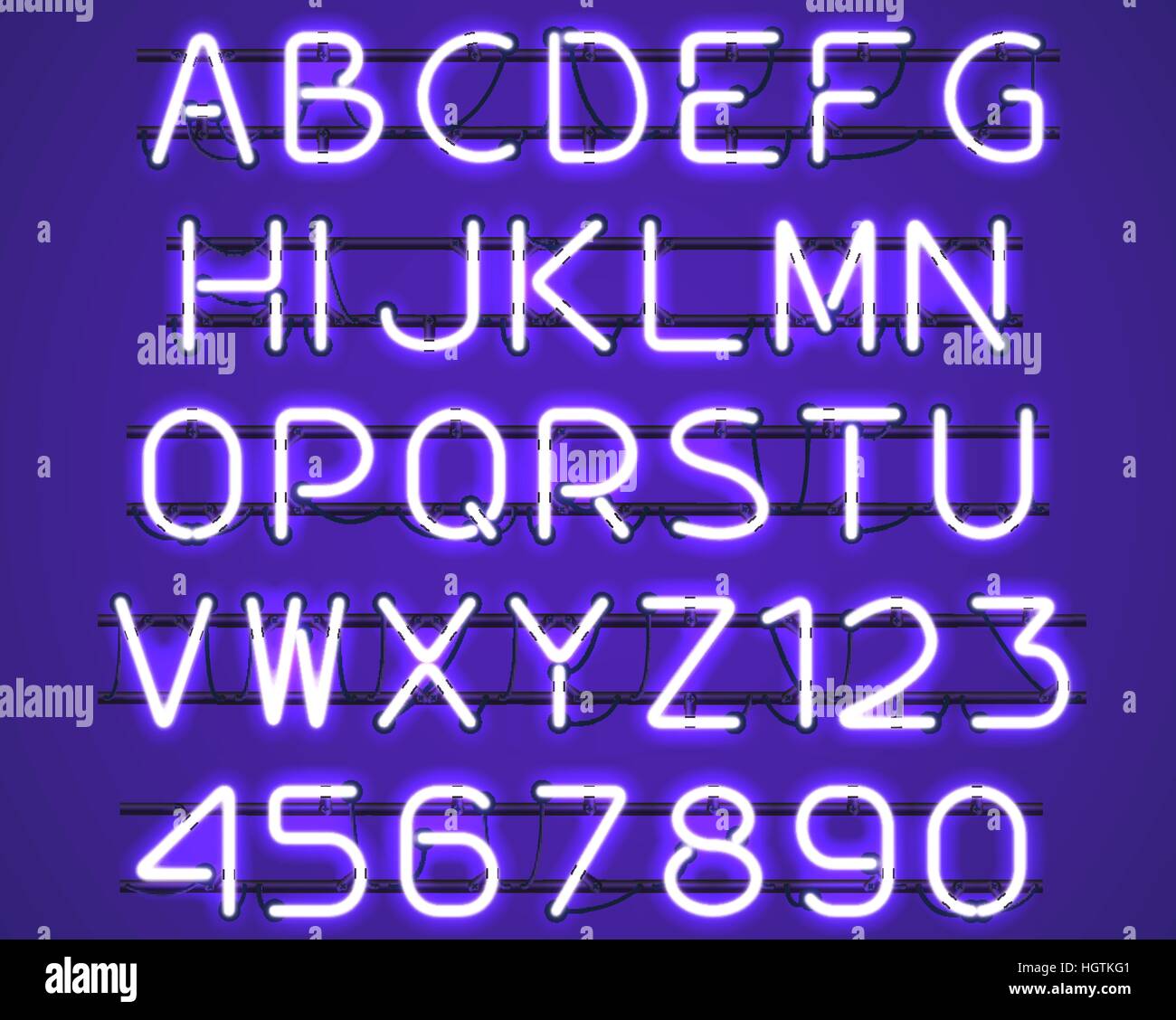 Glowing Purple Neon Alphabet with letters from A to Z and digits from 0 ...