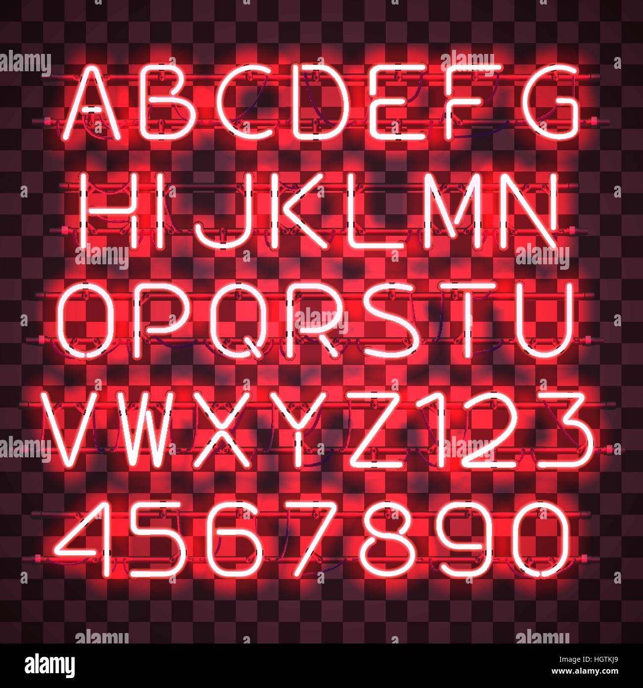 Glowing Red Neon Alphabet with letters from A to Z and digits from 0 to ...