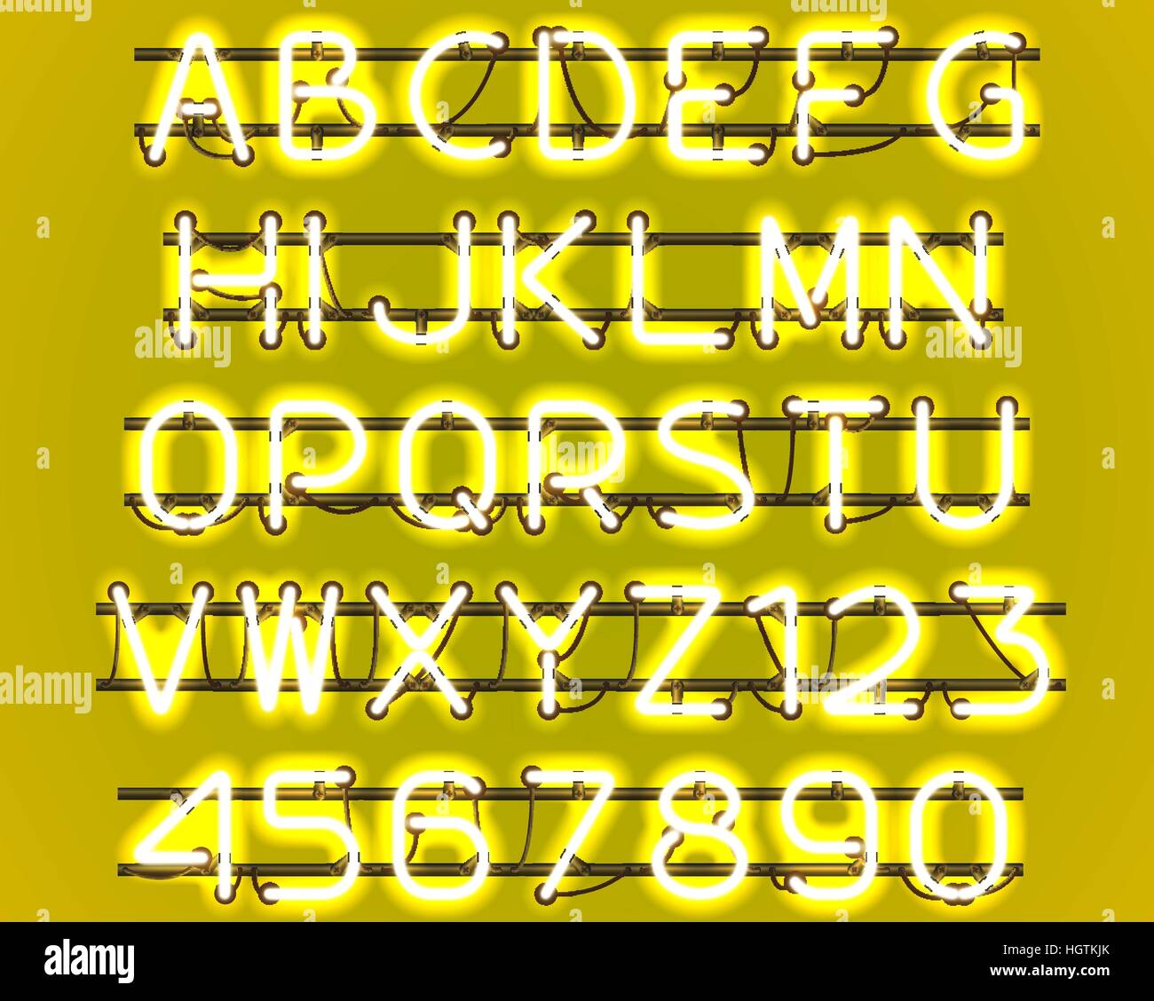 Glowing Yellow Neon Alphabet with letters from A to Z and digits from 0 ...