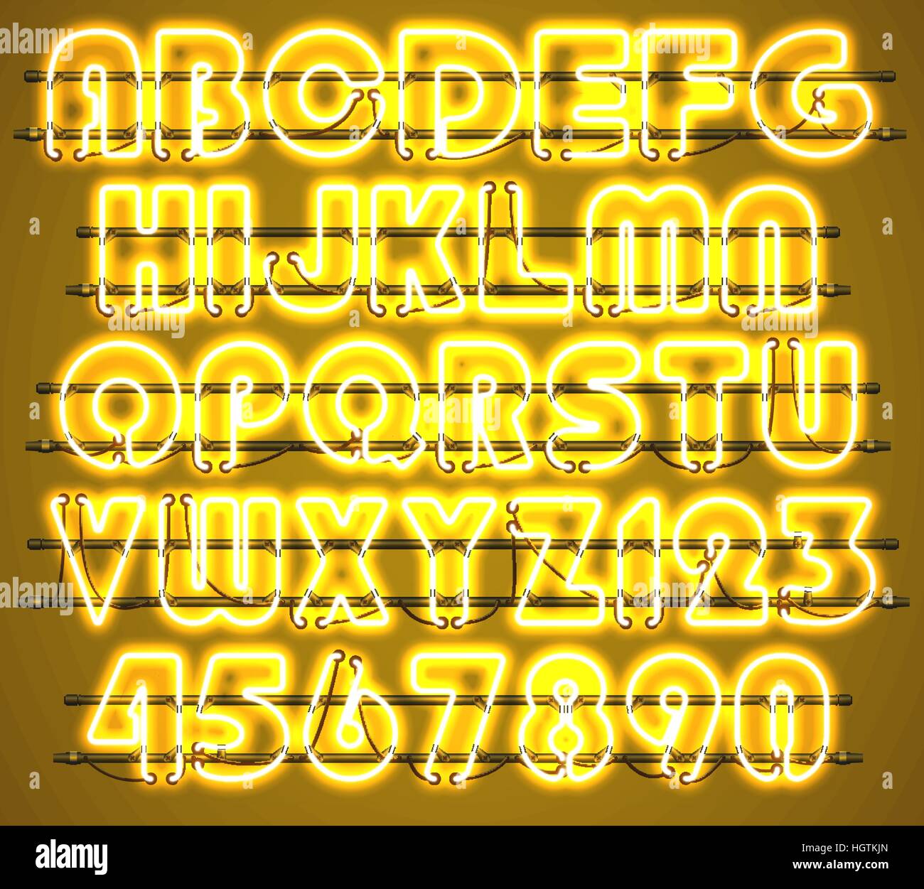 Glowing Yellow Neon Alphabet with letters from A to Z and digits from 0 ...