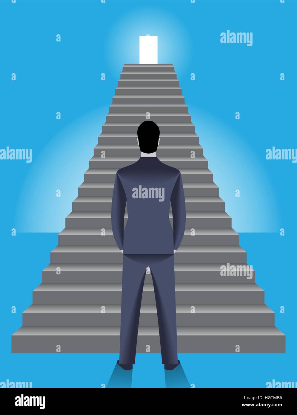 Corporate ladder business concept. Young confident businessman stands ...