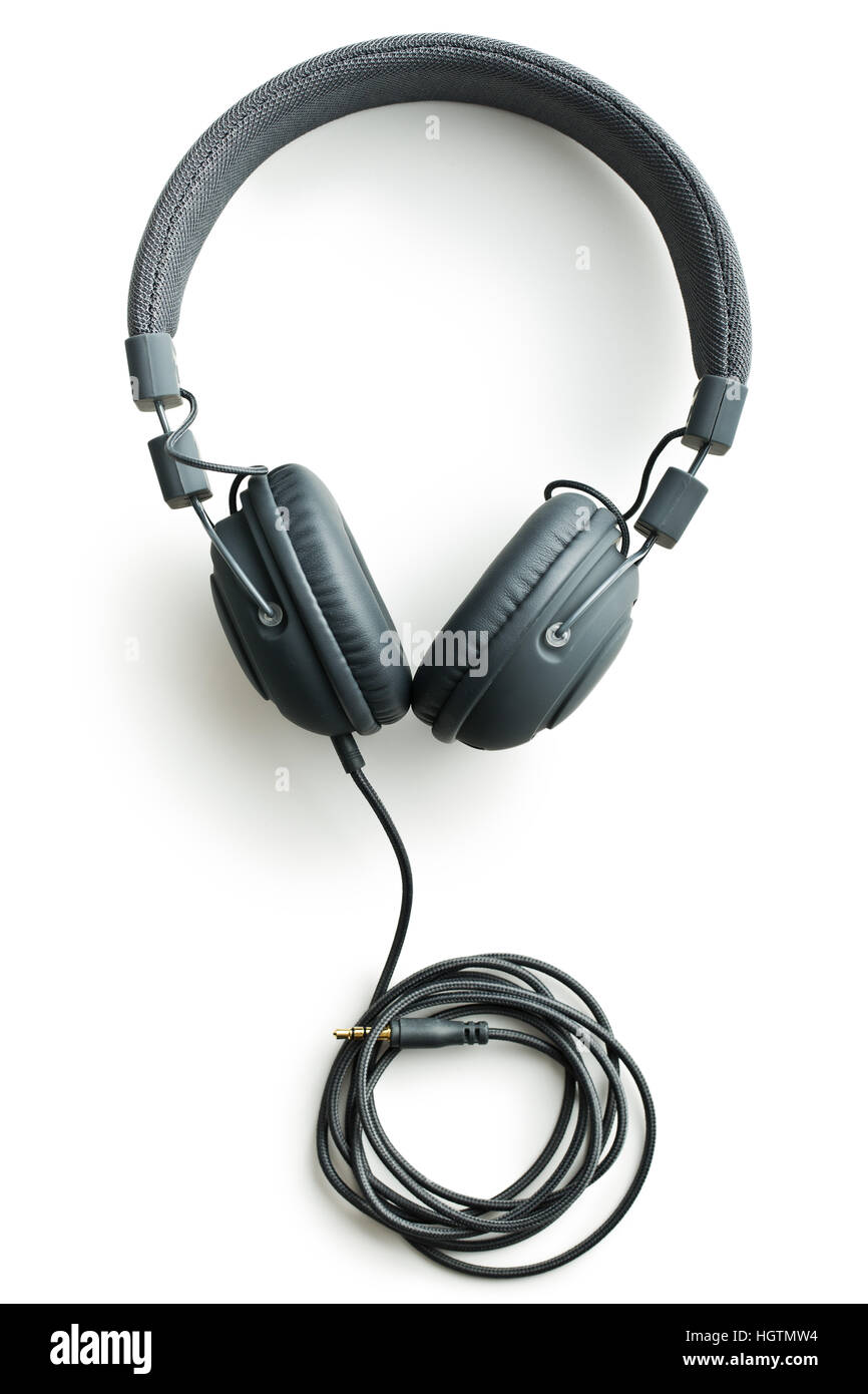 Gray vintage headphones isolated on white background. Top view Stock ...