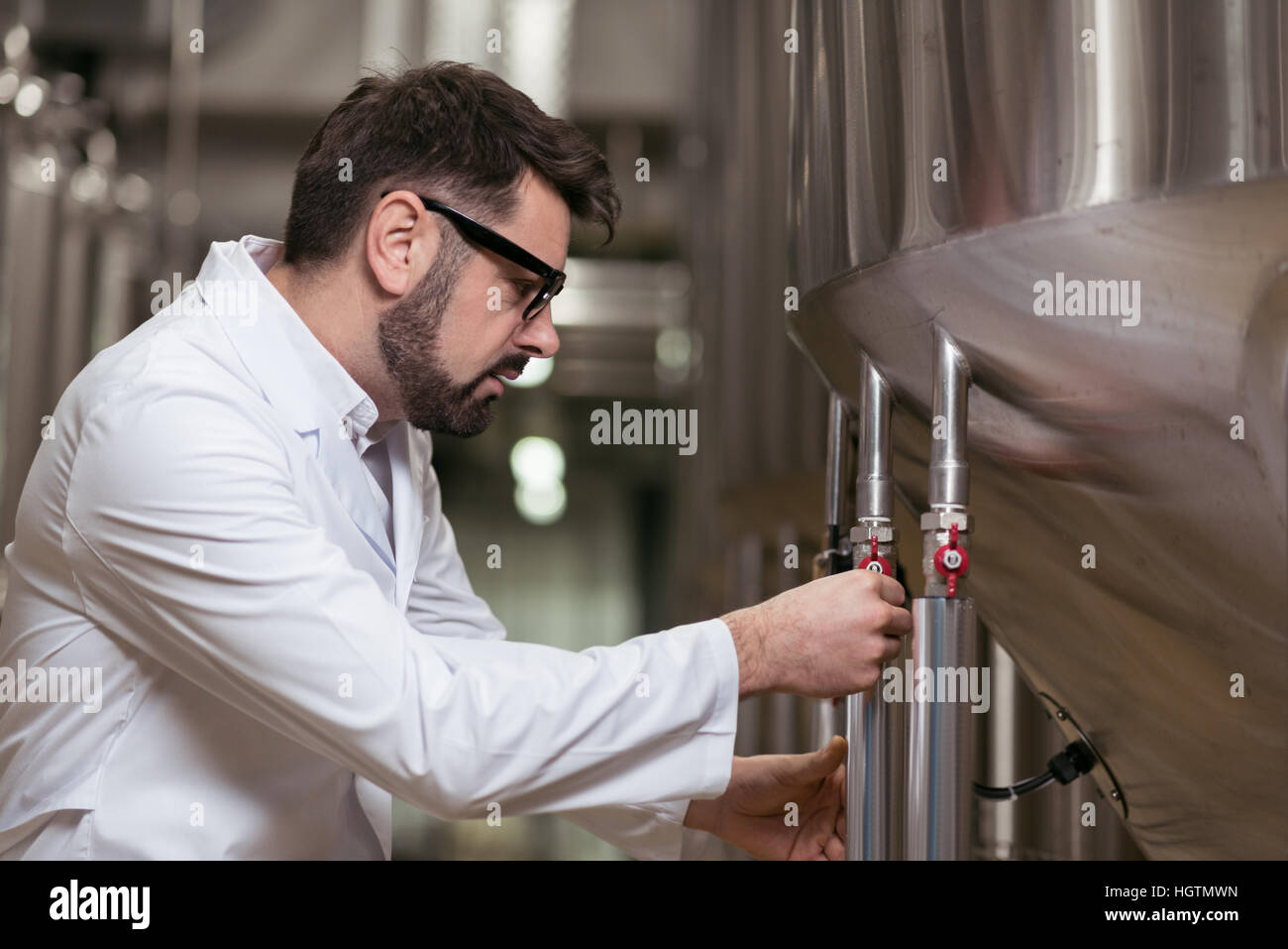 Concentrated man working as a brewer Stock Photo - Alamy