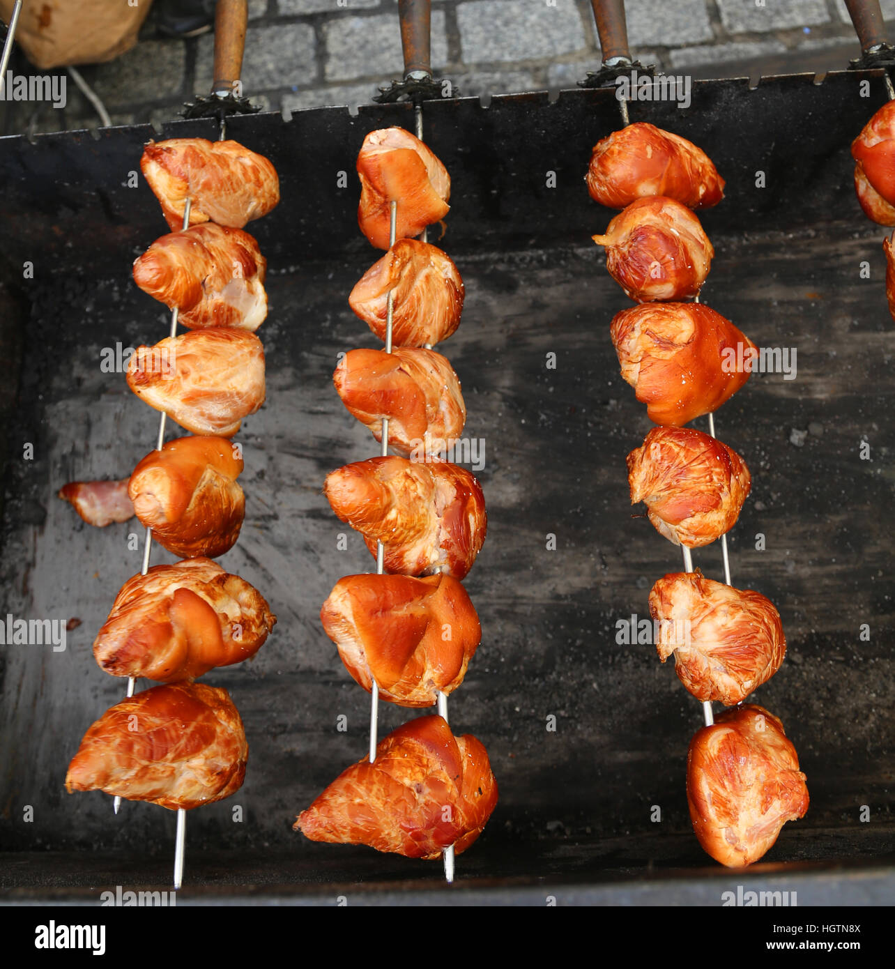Czech Street Food Typical specialties with roasted skewered meat Stock ...