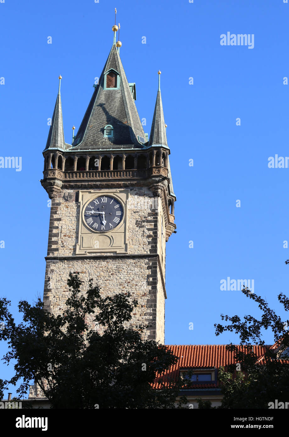 ancient medieval tower with clock in the town square in Prague Czech ...