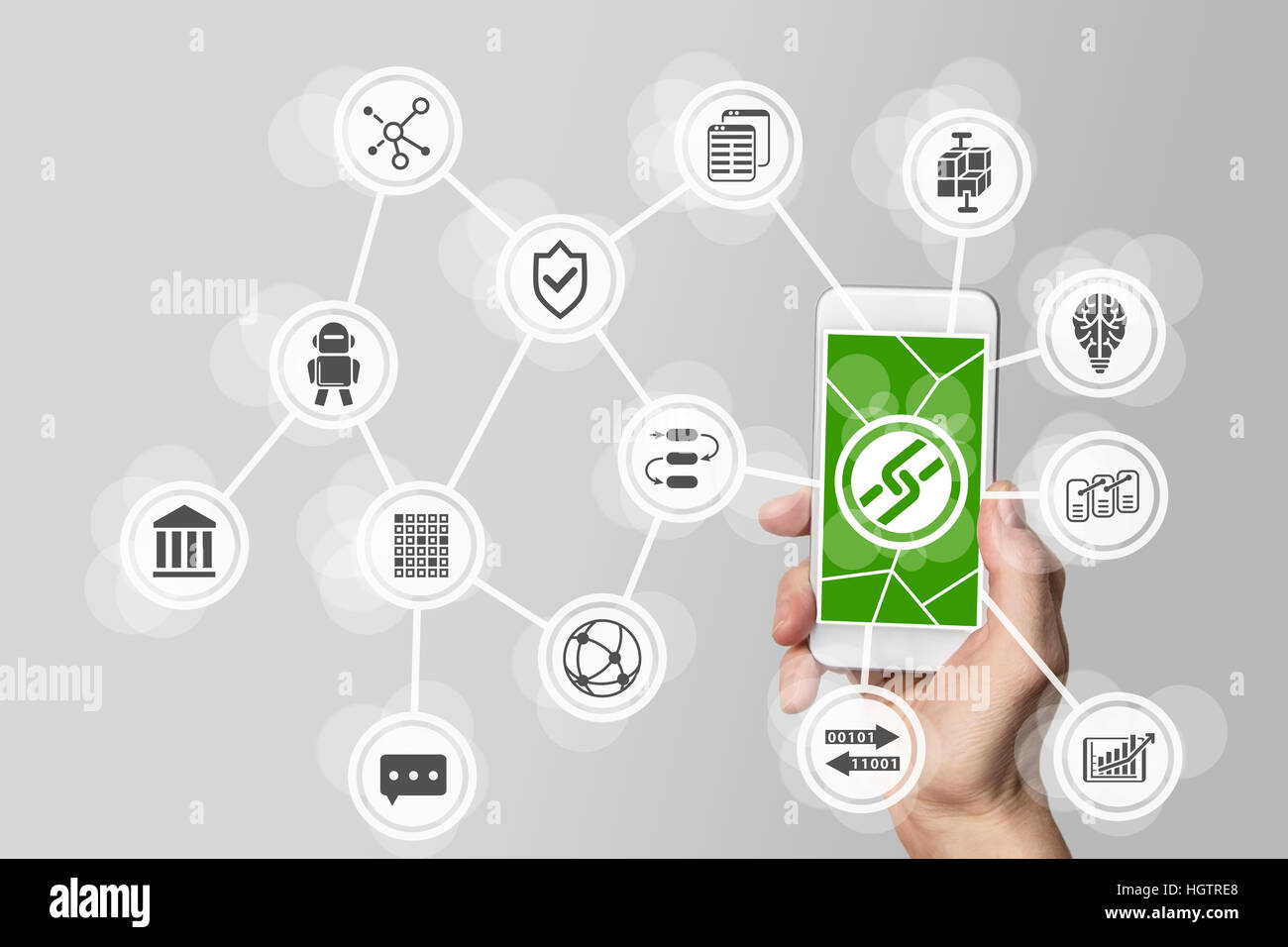 Blockchain and bitcoin concept with hand holding mobile phone Stock ...