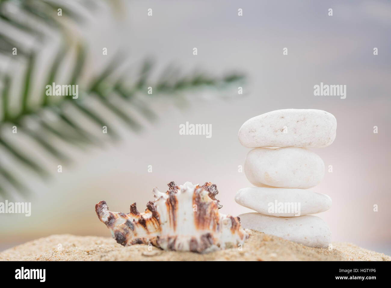 Background of summer vacation with seashell and stacked stones on beach ...