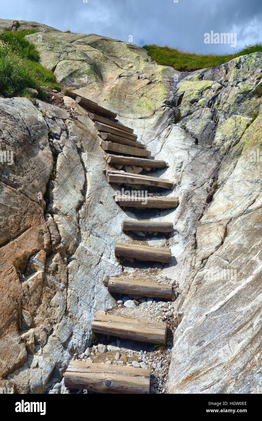 Steps on the Tour du Mont Blanc long-distance footpath, above Chamonix ...