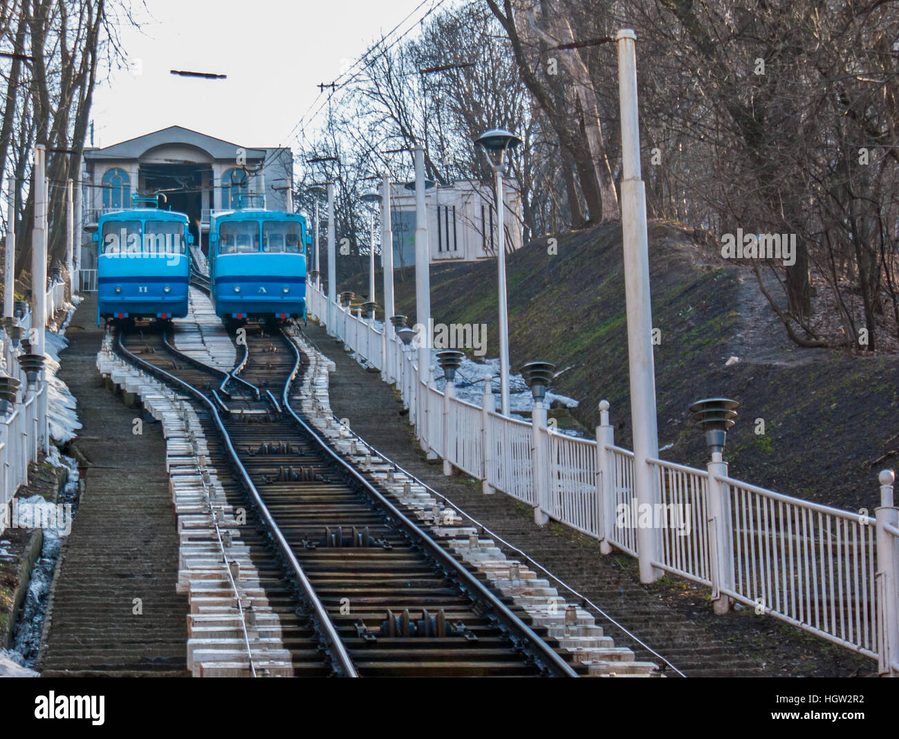 The funicular uses the two rail and passing-loop system. The two cars ...