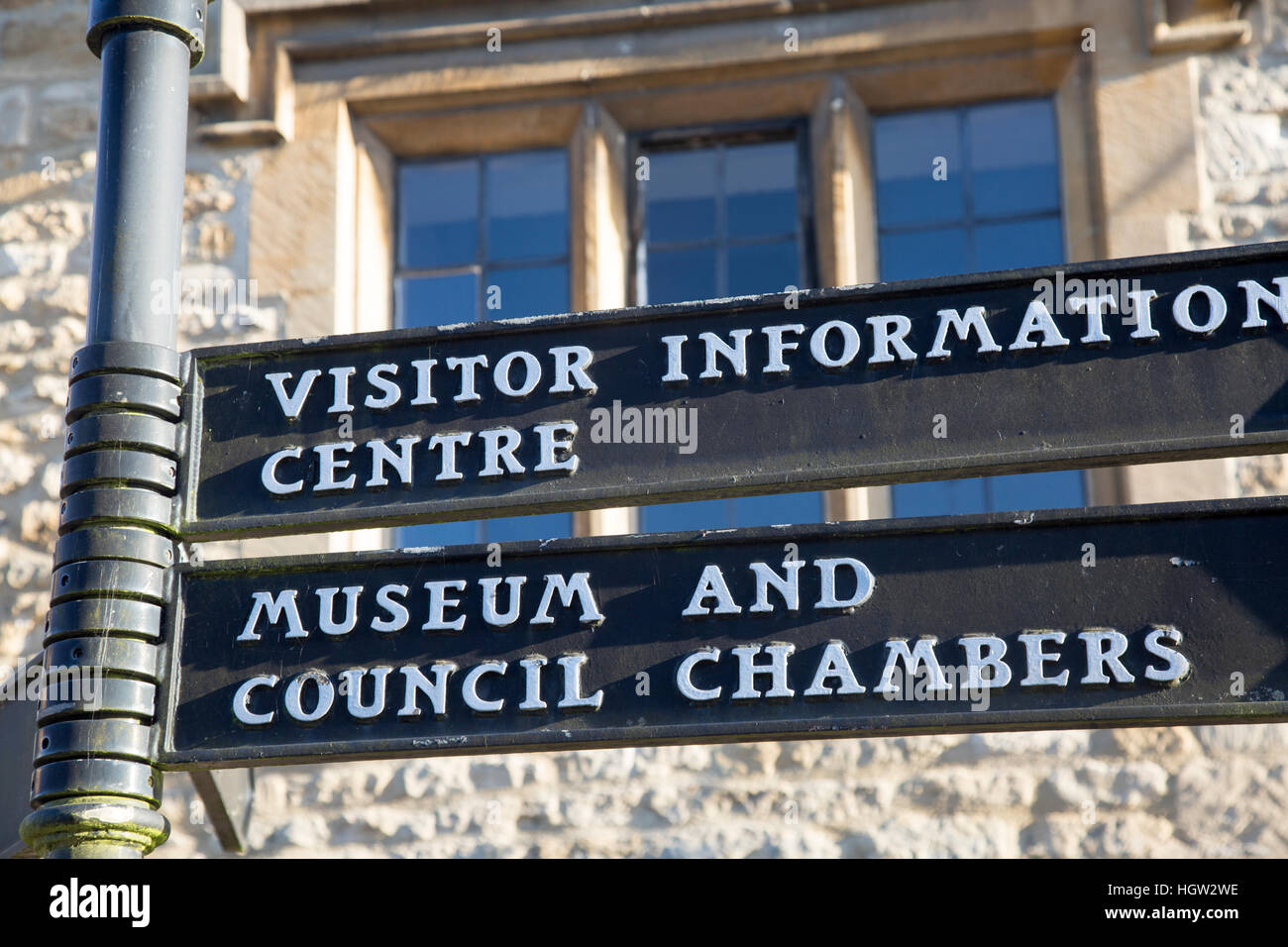 Visitor information centre sign and council chambers in Burford high ...