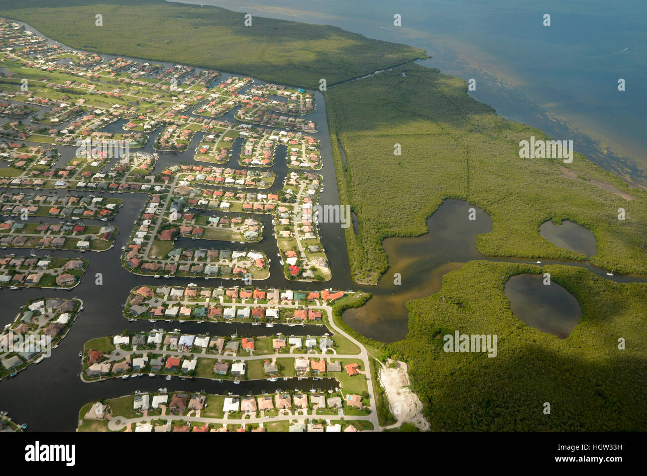 An aerial photos shows the canals and buildings in Punta Gorda, Florida ...