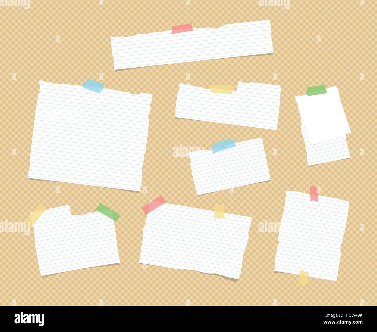 Ripped white ruled note, notebook, copybook paper sheets, strips stuck ...