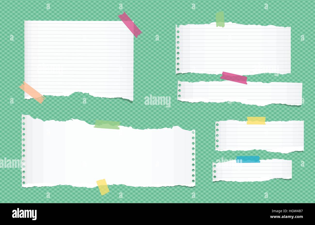 Ripped white ruled note, notebook, copybook paper sheets, strips stuck ...