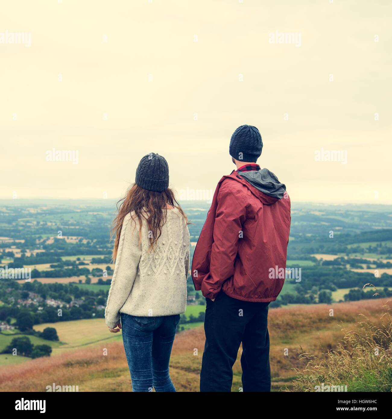 People Rear View Top Mountain Carefree Togetherness Concept Stock Photo ...