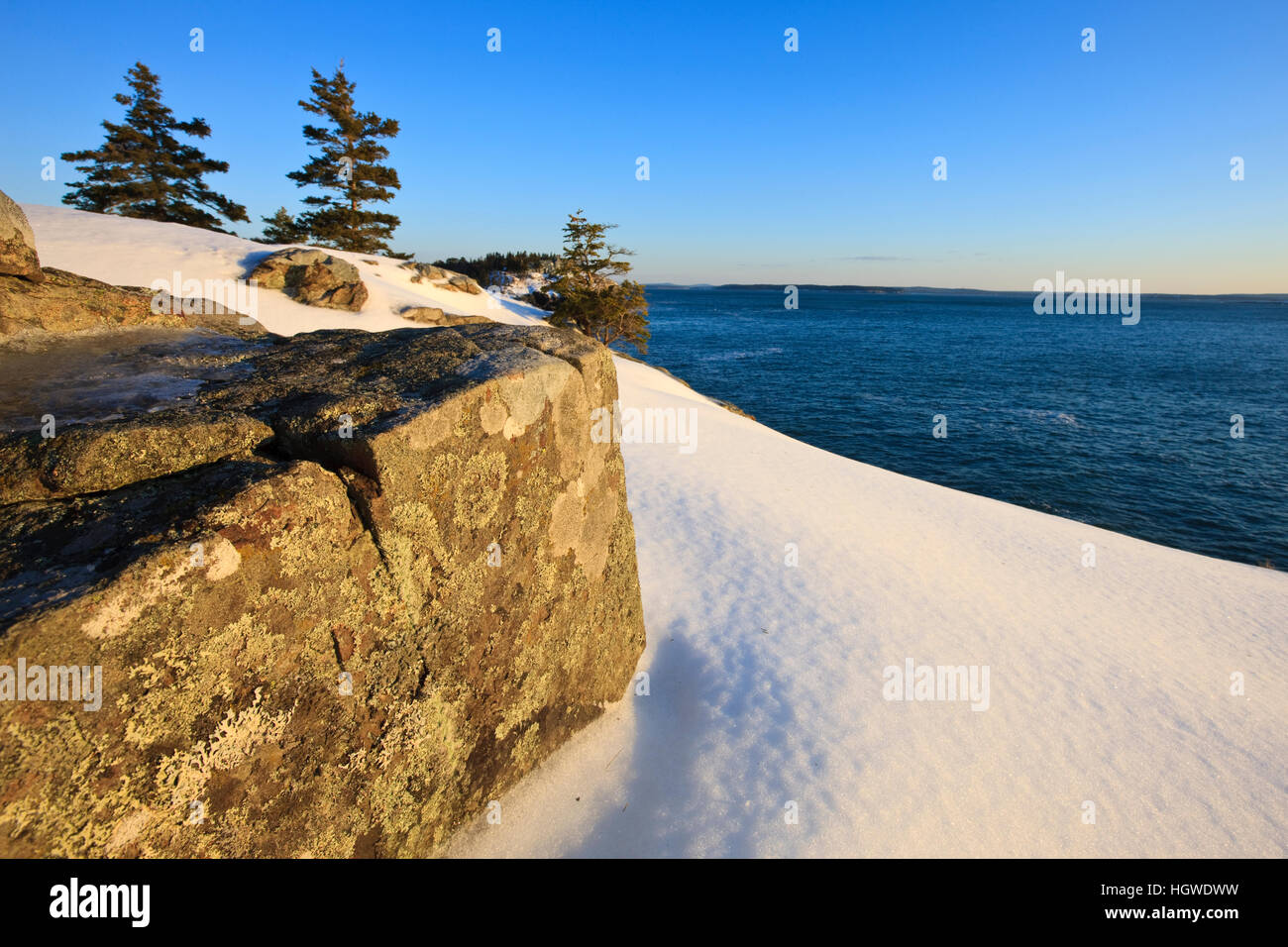A winter morning on the Maine coast in Acadia National Park. Ocean ...