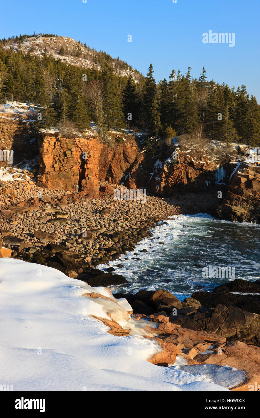 A winter morning on the Maine coast in Acadia National Park. Ocean ...
