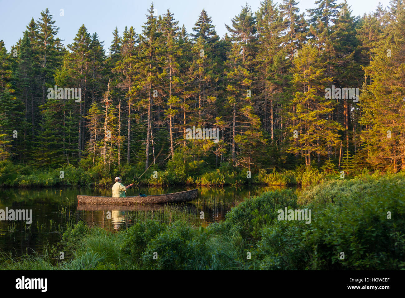 A man fly-fishing on Little Berry Pond in Maine's Northern Forest. Cold ...