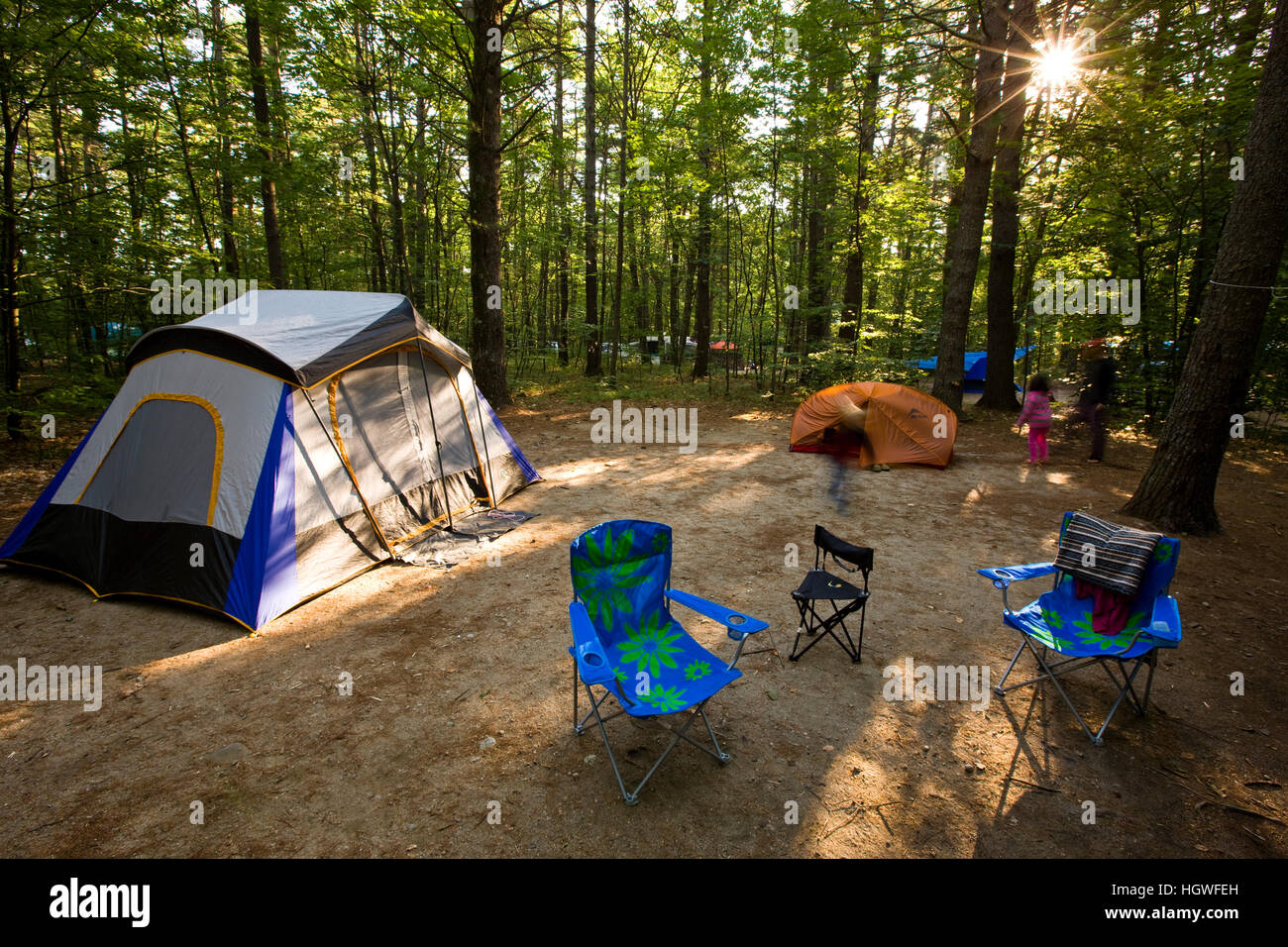 An early morning camp scene in Greenfield State Park in Greenfield, New ...
