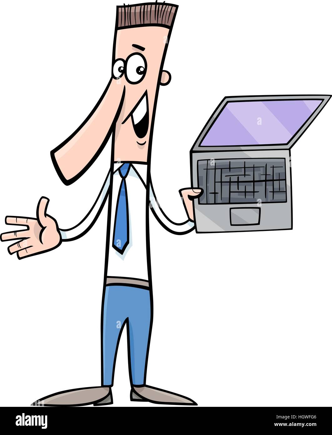 Cartoon Illustration of Man Doing Presentation with Notebook or Laptop ...