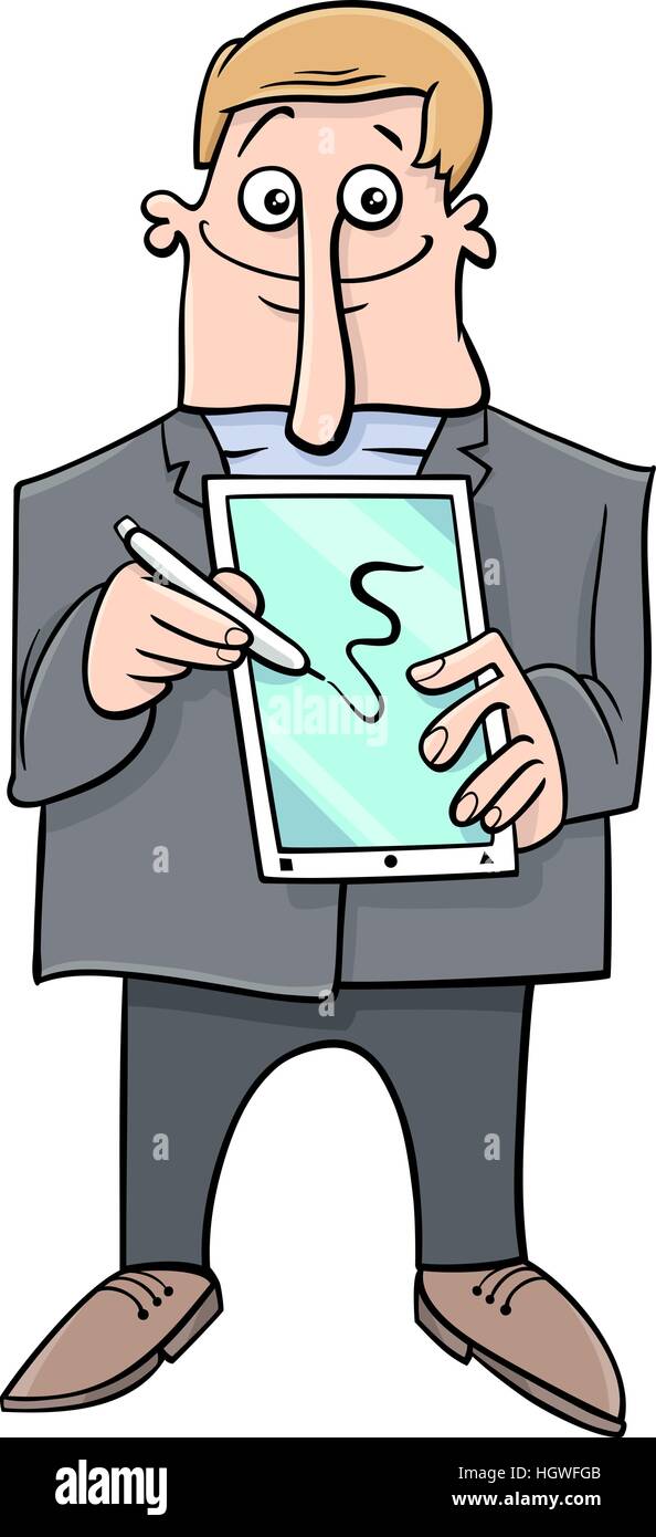 Cartoon Illustration of Man Doing Presentation with Tablet PC and a Pen ...