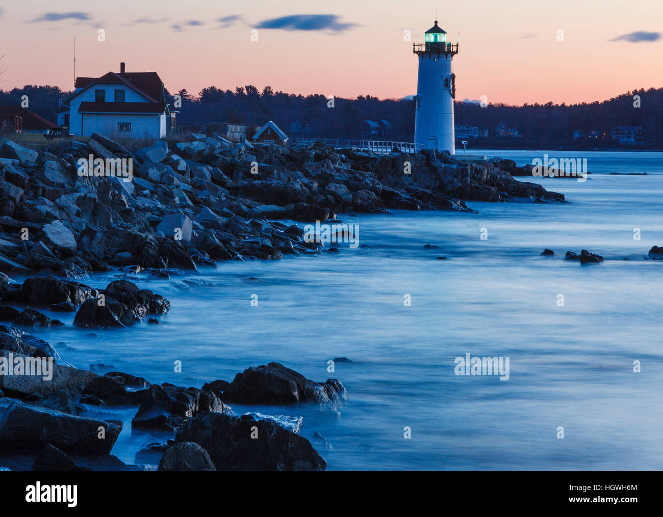 Portsmouth Harbor lighthouse in New Castle, New Hampshire. Dawn Stock ...