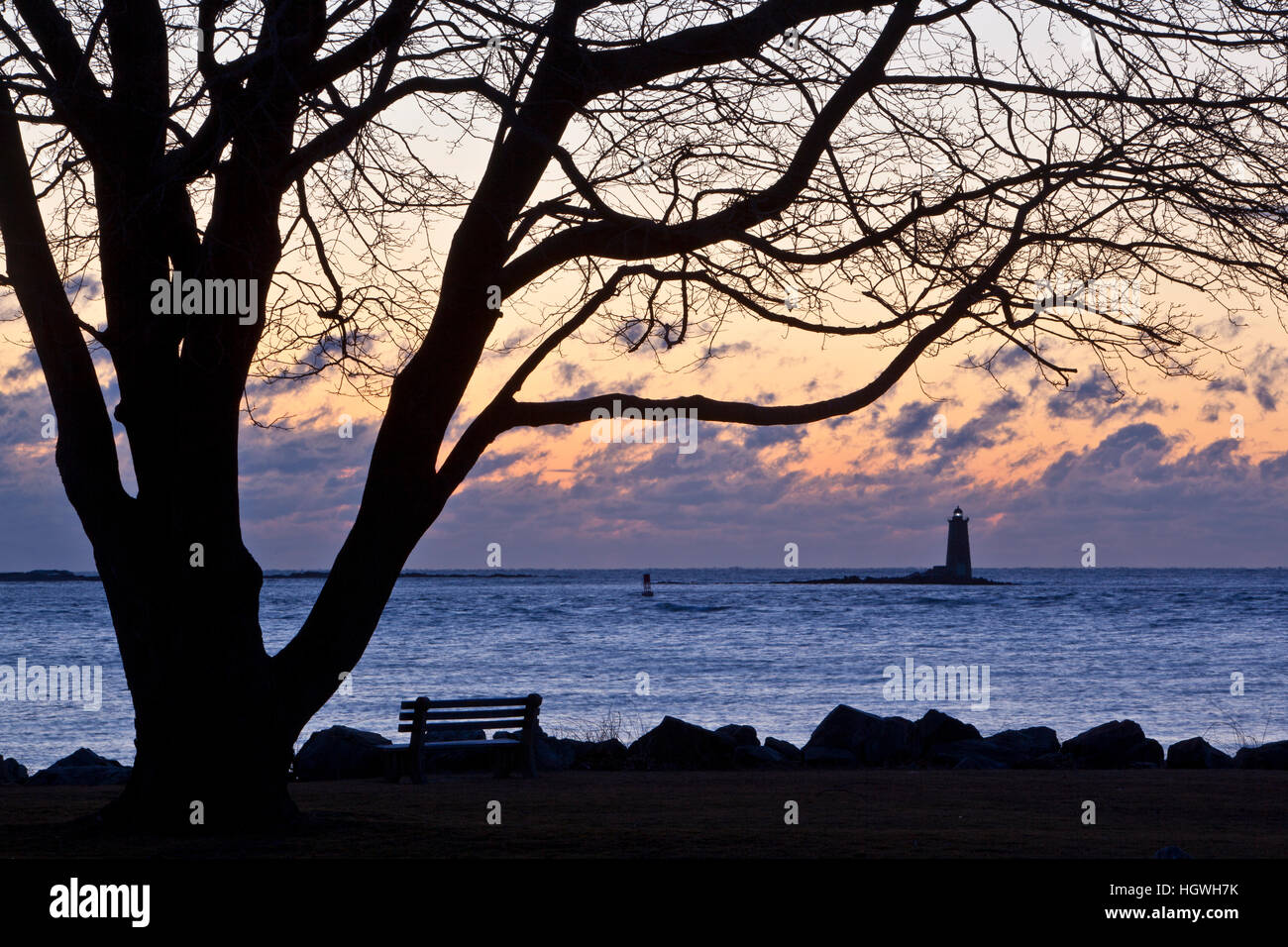 A tree frames Whakleback Light at the mouth of the Piscataqua River as ...