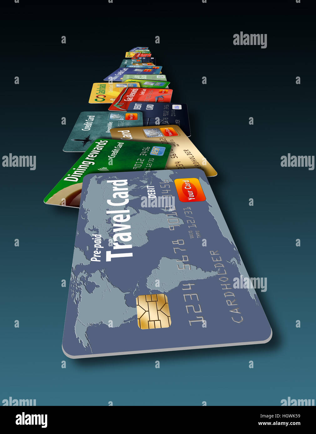 Credit cards lined up and piled high to show many cards at once Stock ...