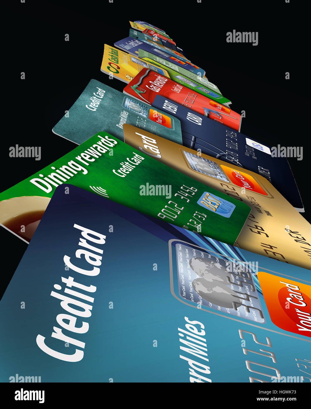 Credit cards lined up and piled high to show many cards at once Stock ...