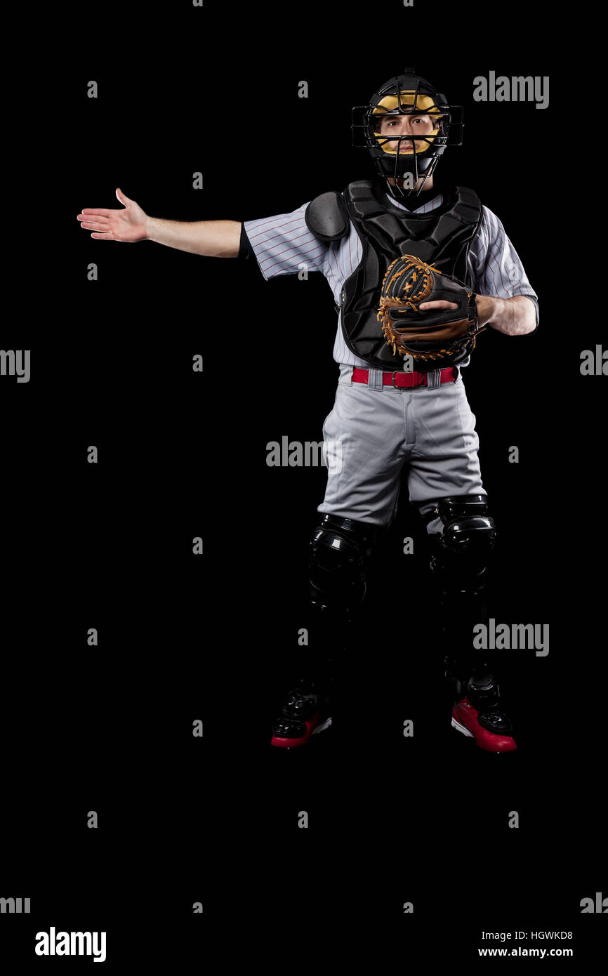 Baseball Player, catcher asking for a walk, on a black background ...