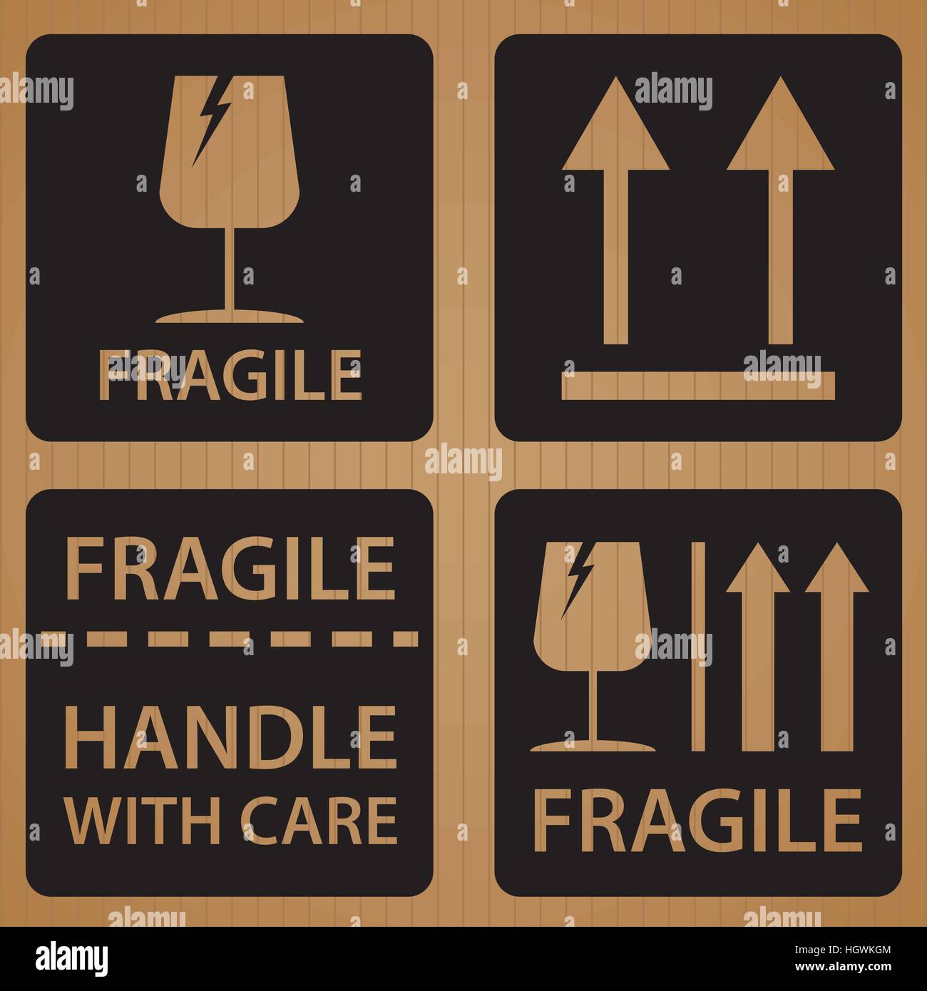 Fragile shipping label of Black symbol design on brown cardboard ...