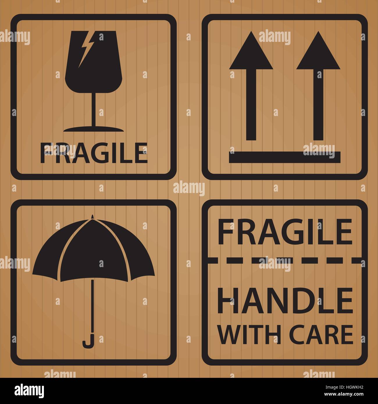 Fragile shipping label symbol of Packaging on brown cardboard texture ...