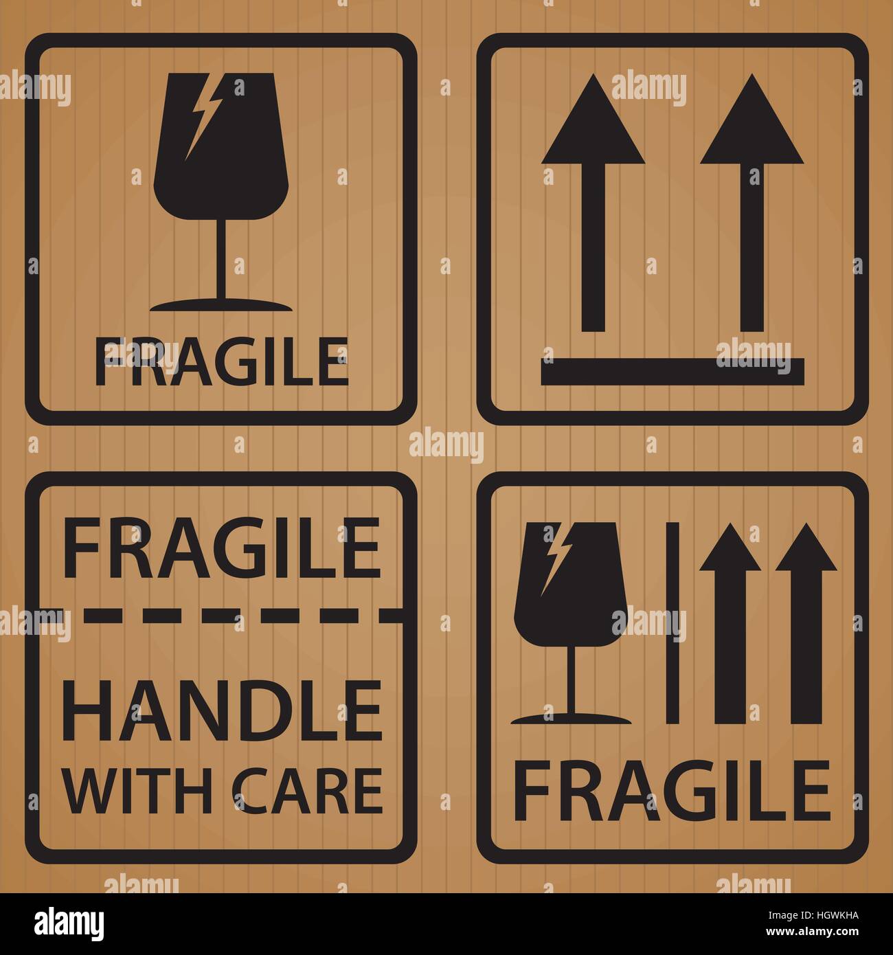 Fragile shipping label symbol on brown cardboard texture background ...