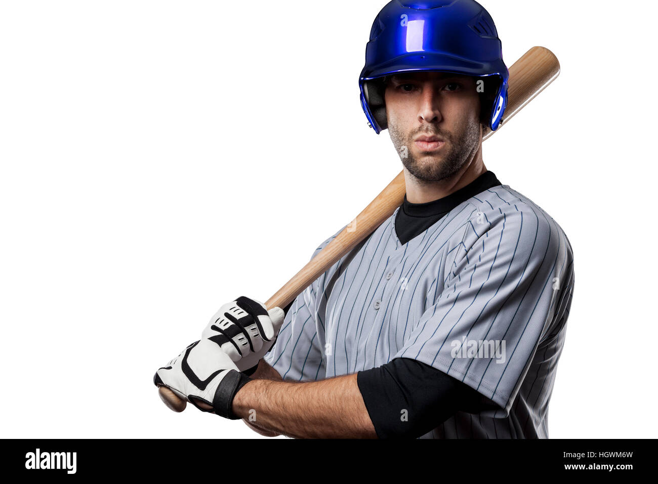 Baseball Player in a blue uniform, on a white background Stock Photo ...