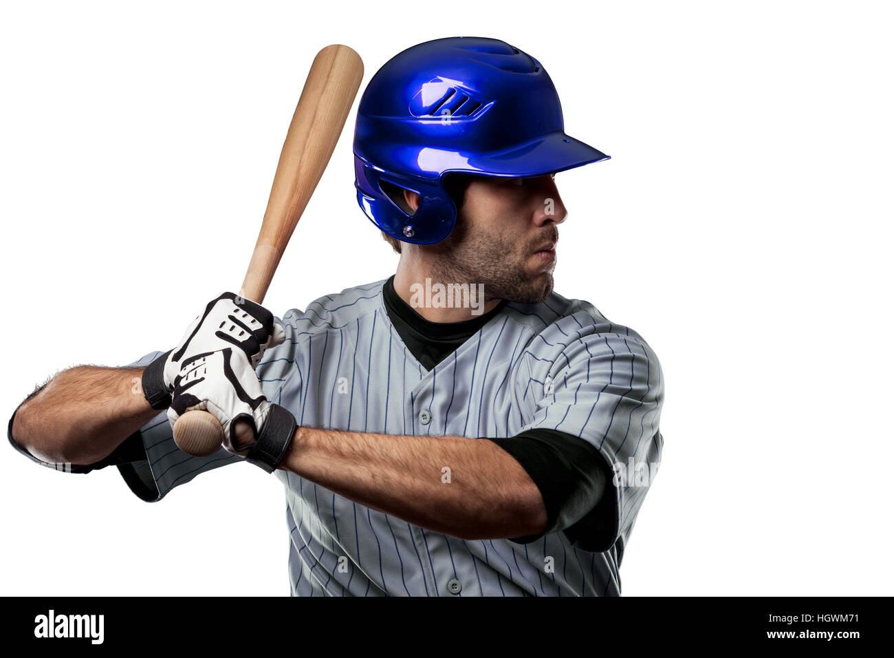 Baseball Player in a blue uniform, on a white background Stock Photo ...