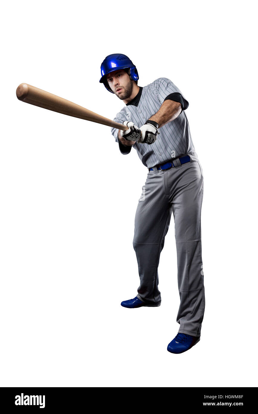Baseball Player in a blue uniform, on a white background Stock Photo ...