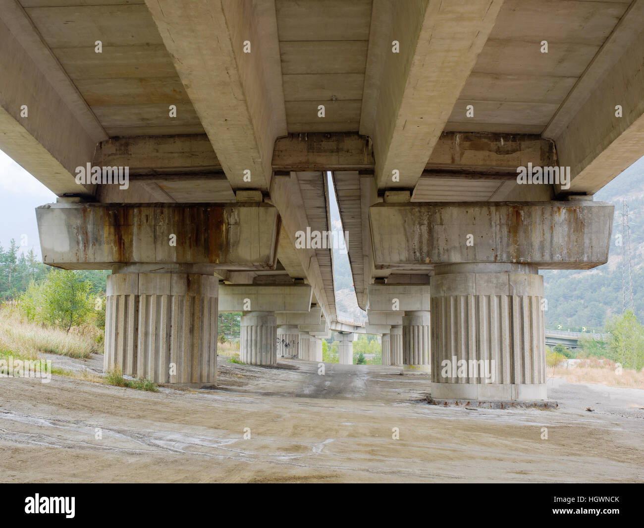 pillars and beams perspective front view of a motorway bridge (viaduct ...