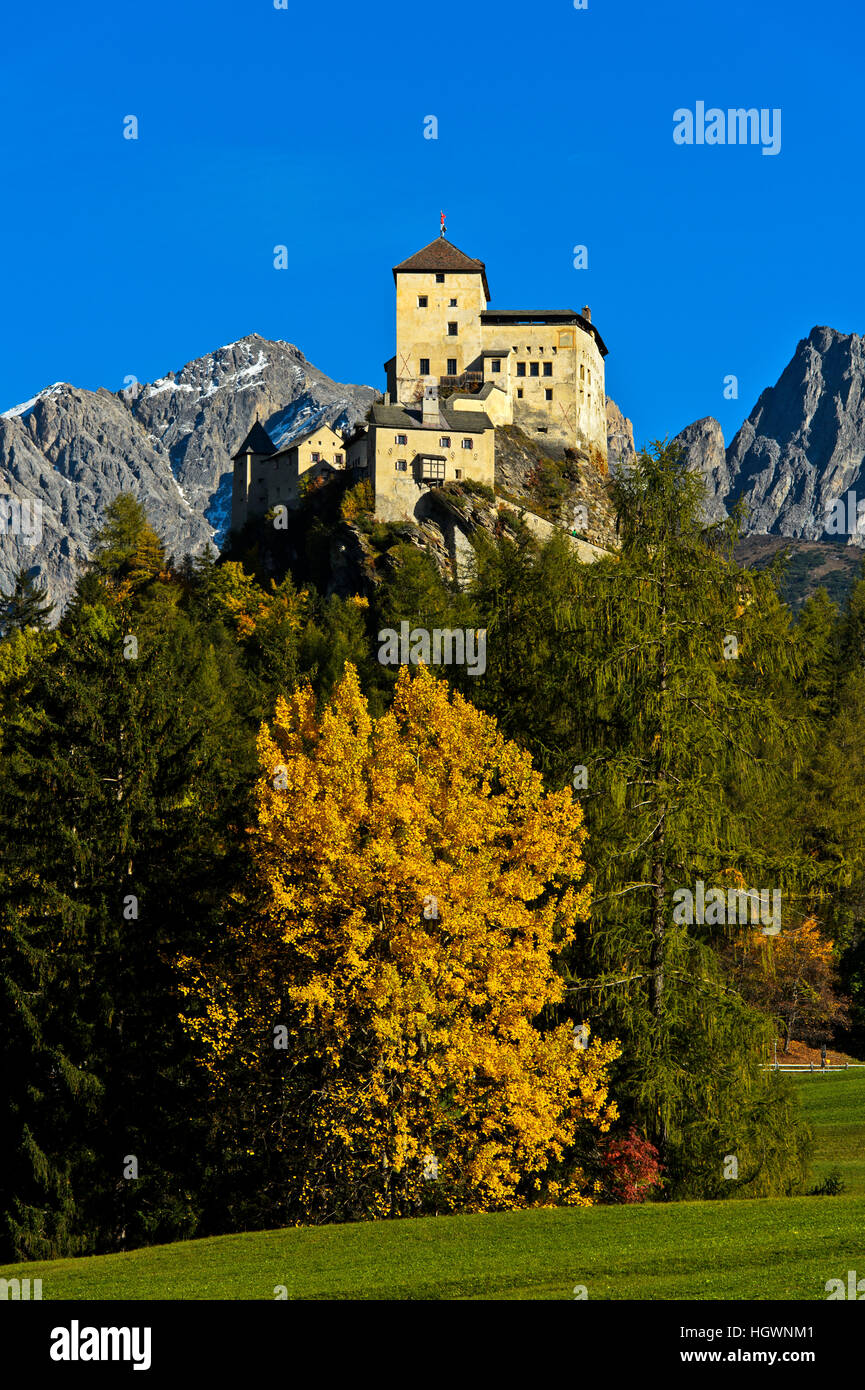 Autumn landscape with Tarasp Castle, Tarasp, Scuol, Lower Engadine ...