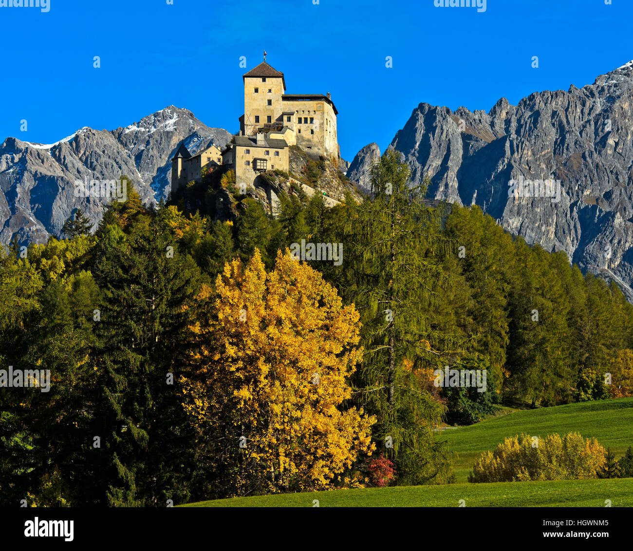 Autumn landscape with Tarasp Castle, Tarasp, Scuol, Lower Engadine ...