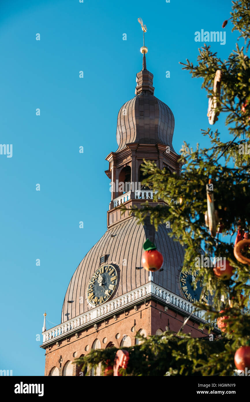 Close Up Of Clock On Tower Of Riga Dome Cathedral, Surrounded By ...