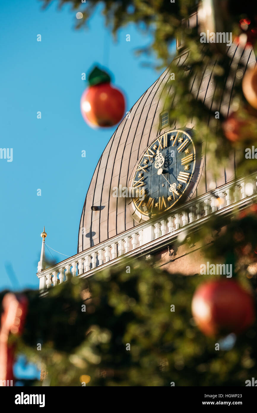 Close Up Of Clock On Tower Of Riga Dome Cathedral, Surrounded By ...