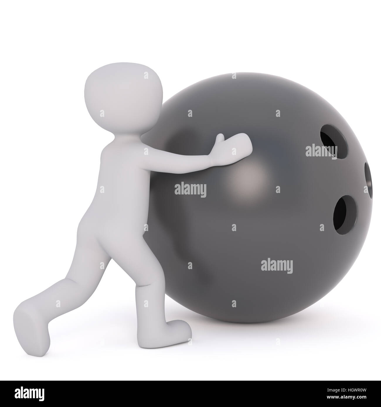 Faceless grey cartoon man rolling forward huge black bowling ball, 3D ...