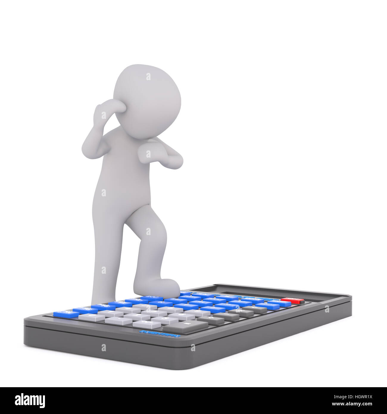 Little faceless 3D cartoon man standing his foot over calculator ...