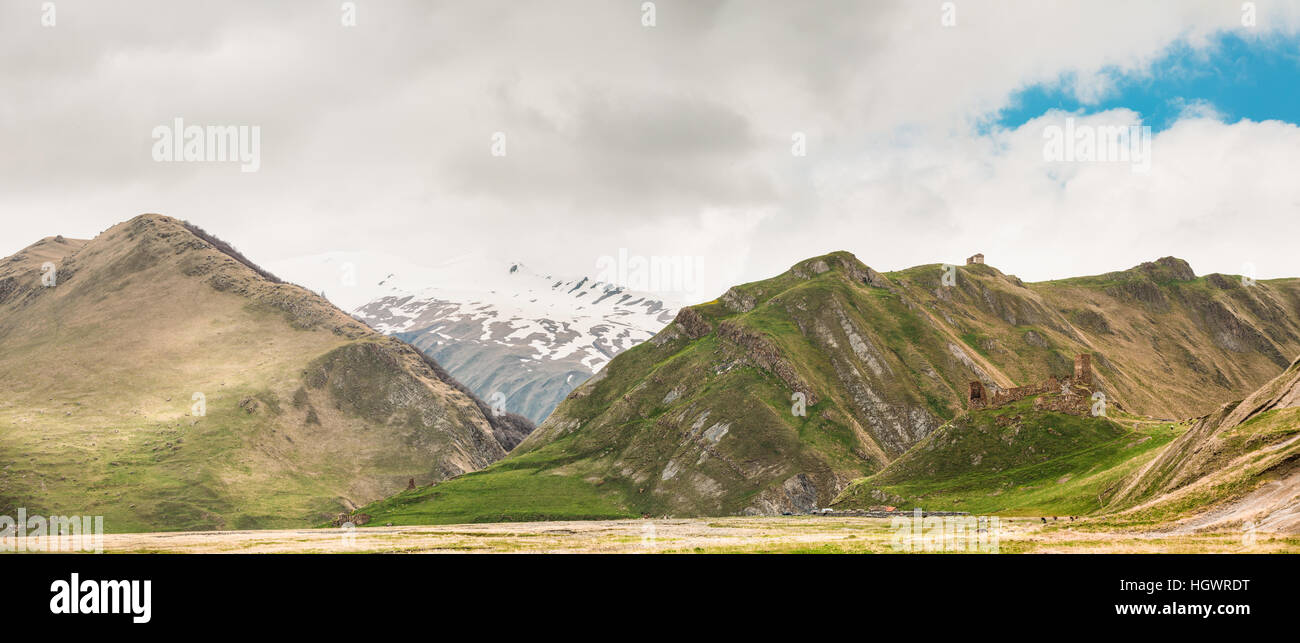 Ancient Old Stone Watchtower On Mountain Background In Truso Gorge ...